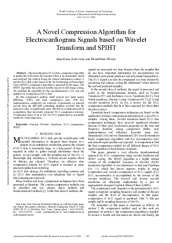 (PDF) A Novel Compression Algorithm For Electrocardiogram Signals Based On Wavelet Transform And ...