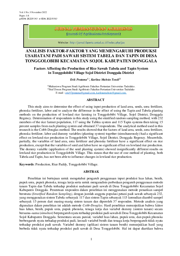 (PDF) Analisis Faktor-Faktor Yang Memengaruhi Produksi Usahatani Padi Sawah Sistem Tabela Dan ...
