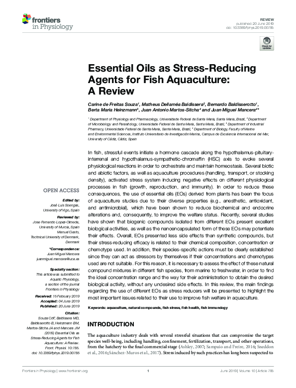(PDF) Essential Oils as Stress-Reducing Agents for Fish Aquaculture: A ...