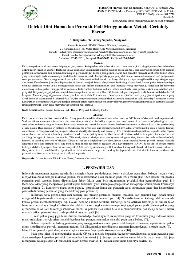 (PDF) Deteksi Dini Hama dan Penyakit Padi Menggunakan Metode Certainty ...