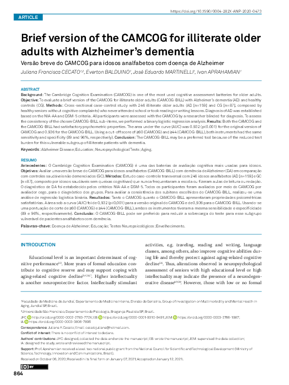 (PDF) Brief version of the CAMCOG for illiterate older adults with ...