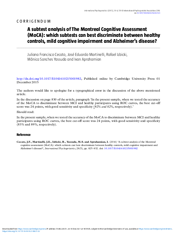 (PDF) A subtest analysis of the Montreal cognitive assessment (MoCA ... (PDF) A subtest analysis of the Montreal cognitive assessment (MoCA ...
