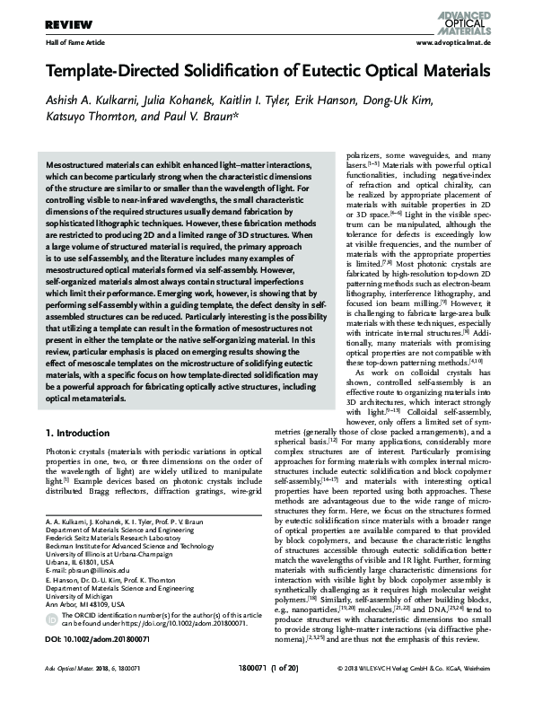 (PDF) Template‐Directed Solidification of Eutectic Optical Materials | Erik Hanson - Academia.edu