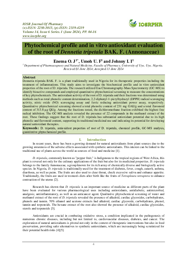 (PDF) Phytochemical profile and in vitro antioxidant evaluation of the root of Dennetia ...