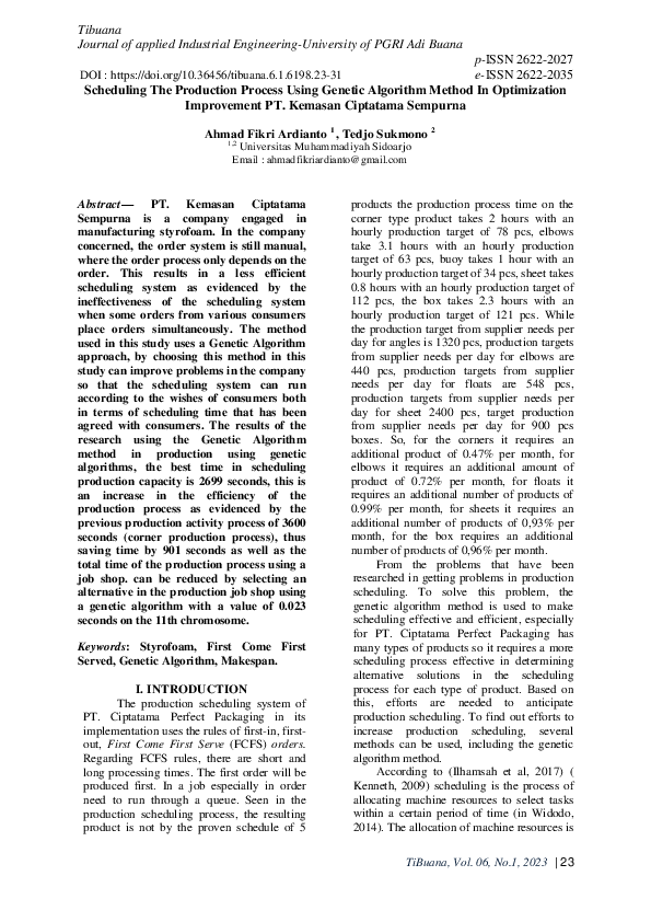 (PDF) Scheduling The Production Process Using Genetic Algorithm Method In Optimization ...