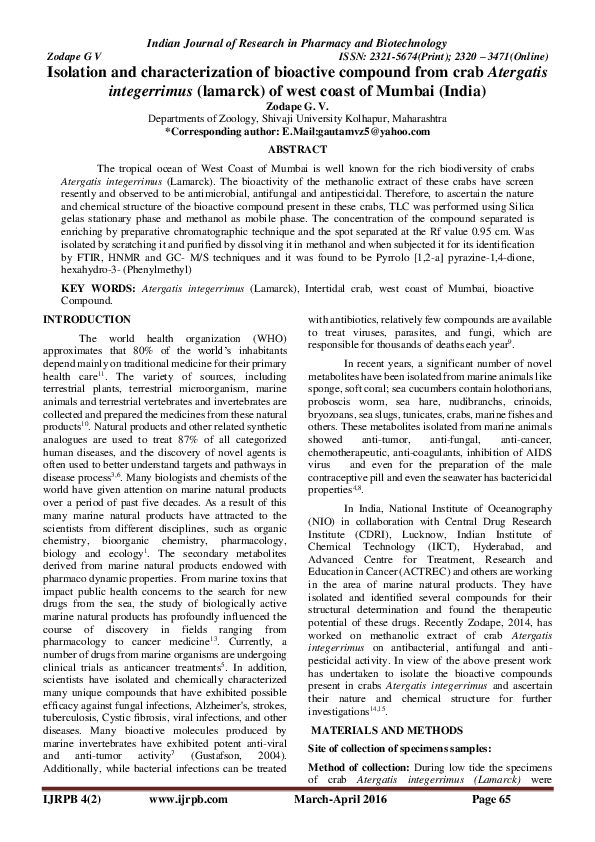 (PDF) Isolation and characterization of bioactive compound from crab ...