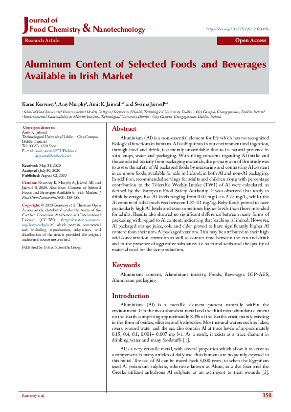 (PDF) Aluminum Content of Selected Foods and Beverages Available in ...