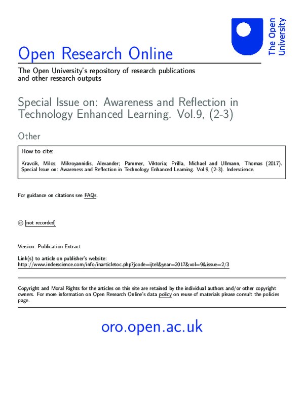 (PDF) Awareness and Reflection in Technology Enhanced Learning . Vol ...