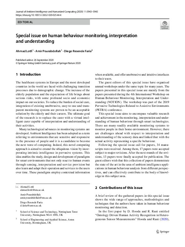 (PDF) Special issue on human behaviour monitoring, interpretation and understanding