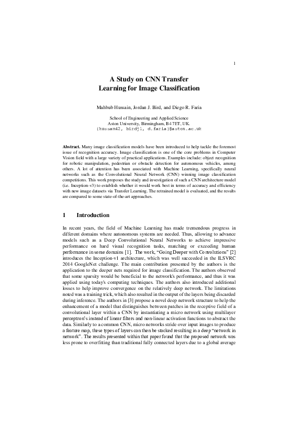 (PDF) A Study on CNN Transfer Learning for Image Classification