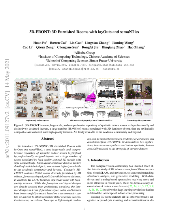 (PDF) 3D-FRONT: 3D Furnished Rooms with layOuts and semaNTics