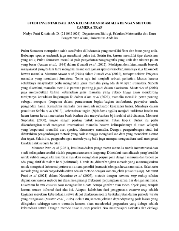 (PDF) STUDI INVENTARISASI DAN KELIMPAHAN MAMALIA DENGAN METODE CAMERA TRAP