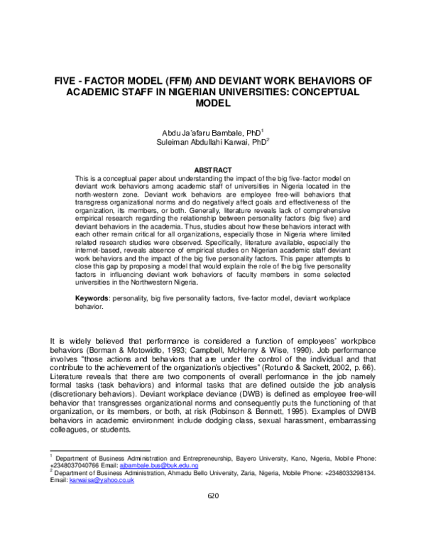 (PDF) Five - Factor Model (FFM) and deviant work behaviors of academic staff in Nigerian ...