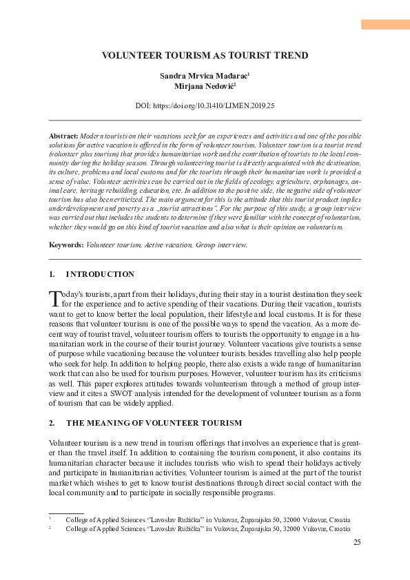 (PDF) Volunteer Tourism as Tourist Trend