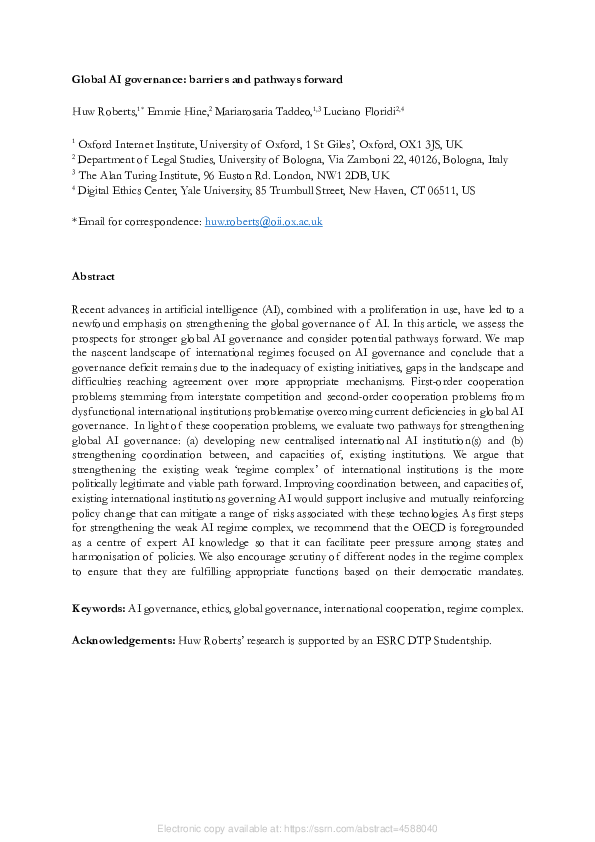 (PDF) Global AI governance: barriers and pathways forward