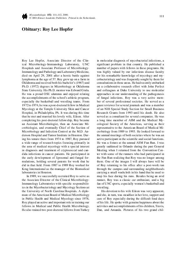 (PDF) Obituary: Roy Lee Hopfer | Richard Calderone - Academia.edu