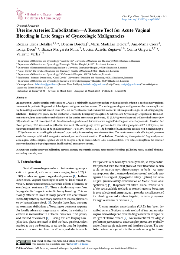 (PDF) Uterine Artery Embolization for Acute Bleeding in Gynecologic Cancer