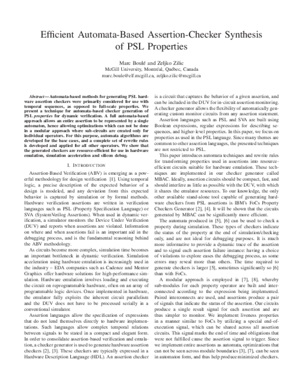 (PDF) Efficient Automata-Based Assertion-Checker Synthesis of PSL Properties