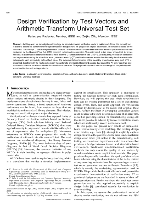 Pdf Design Verification By Test Vectors And Arithmetic Transform Universal Test Set