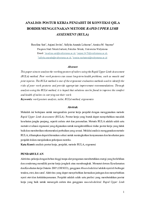 (PDF) ANALISIS POSTUR KERJA PENJAHIT DI KONVEKSI QILA BORDIR ...