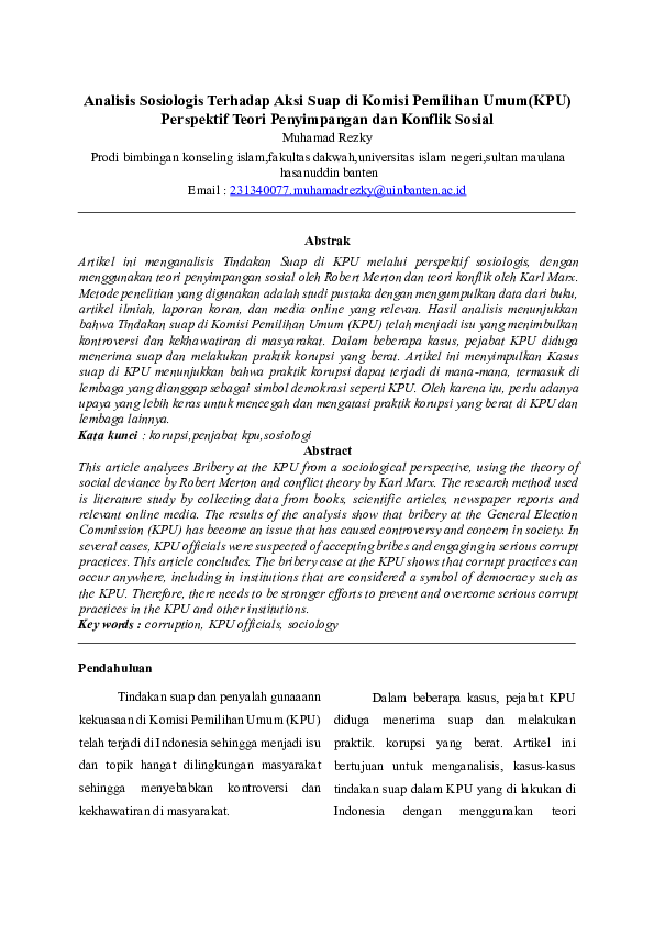 (PDF) Analisis Sosiologis Terhadap Aksi Suap di Komisi Pemilihan Umum(KPU) Perspektif Teori ...
