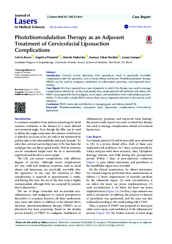 (PDF) Photobiomodulation Therapy as an Adjuvant Treatment of Cervicofacial Liposuction Complications
