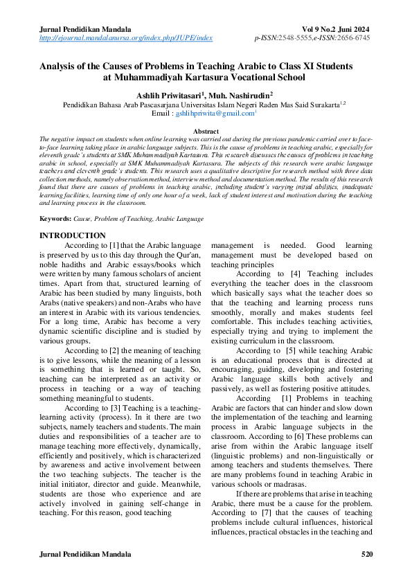(PDF) Analysis of the Causes of Problems in Teaching Arabic to Class XI Students at Muhammadiyah ...