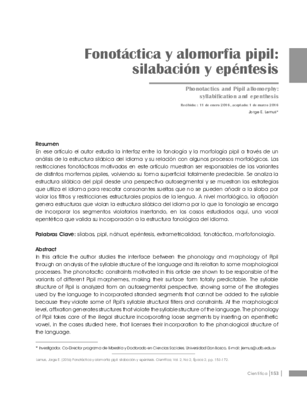 (PDF) Fonotáctica y alomorfia pipil: silabación y epéntesis
