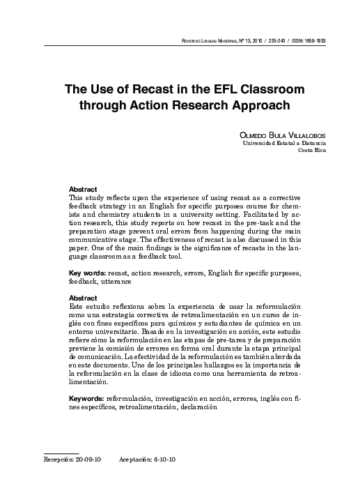 (PDF) The Use of Recast in the EFL Classroom through Action Research ...