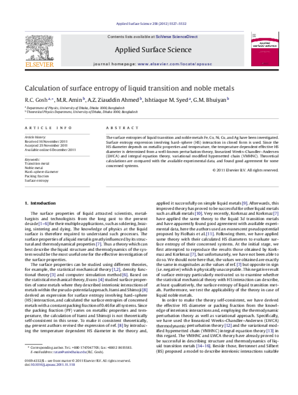 (PDF) Calculation of surface entropy of liquid transition and noble metals