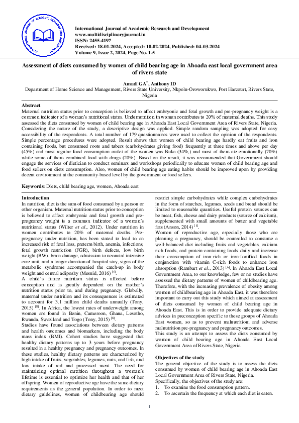(PDF) Assessment of diets consumed by women of child bearing age in ...