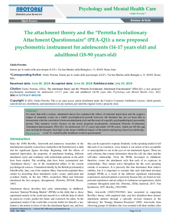 (PDF) The attachment theory and the "Perrotta Evolutionary Attachment ...