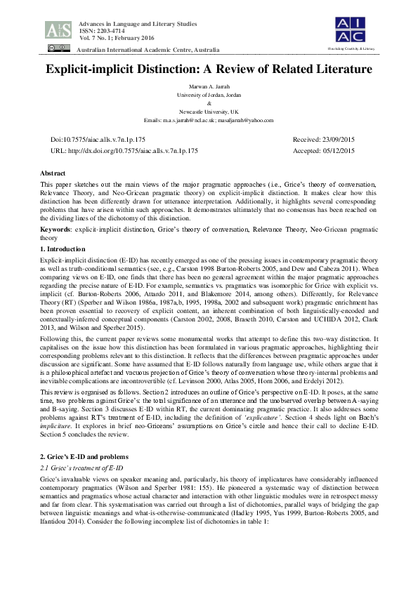 (PDF) Explicit-implicit Distinction: A Review of Related Literature