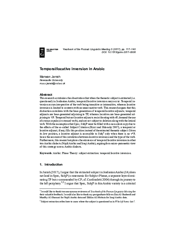 (PDF) Temporal/locative inversion in Arabic