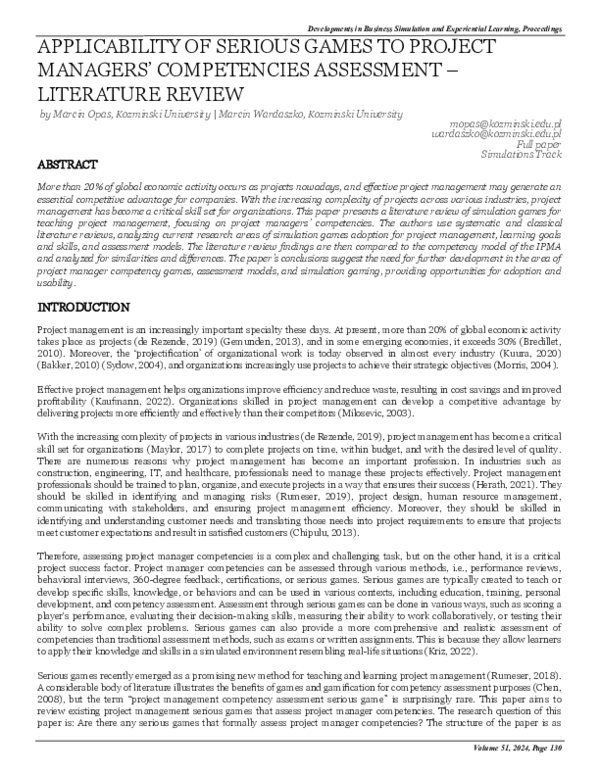 (PDF) APPLICABILITY OF SERIOUS GAMES TO PROJECT MANAGERS' COMPETENCIES ...