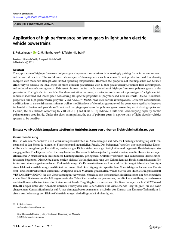 (PDF) Application of high performance polymer gears in light urban ...