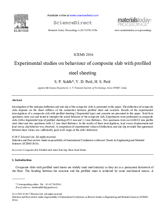 (PDF) Experimental studies on behaviour of composite slab with profiled steel sheeting