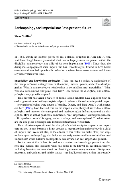 (PDF) Anthropology and imperialism: Past, present, future