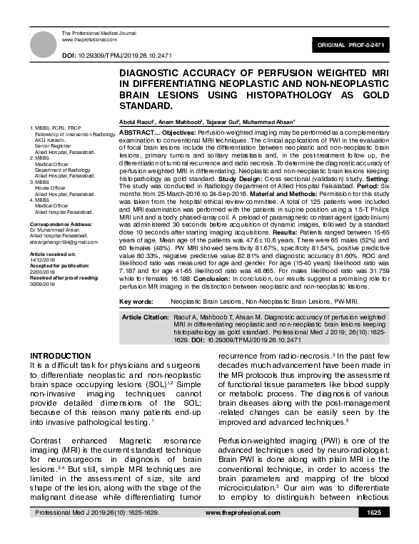 (PDF) Diagnostic accuracy of perfusion weighted MRI in differentiating ...