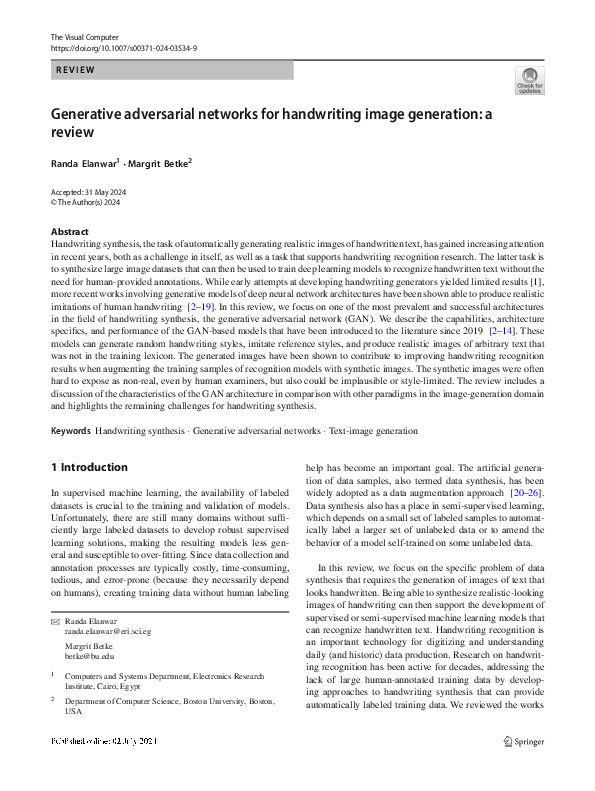 (PDF) Generative adversarial networks for handwriting image generation: a review