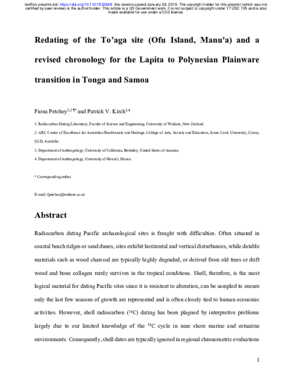 (PDF) Redating of the To’aga site (Ofu Island, Manu’a) and a revised ...