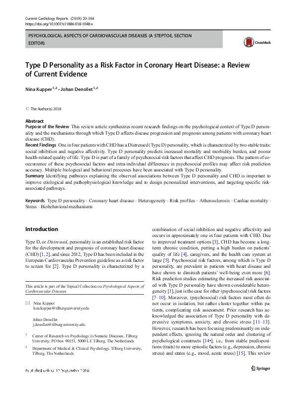 (PDF) Type D Personality as a Risk Factor in Coronary Heart Disease: a ...