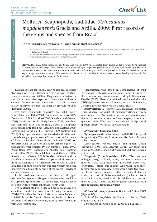 (PDF) Mollusca, Scaphopoda, Gadilidae, Striocadulus magdalenensis Gracia and Ardila, 2009: first ...