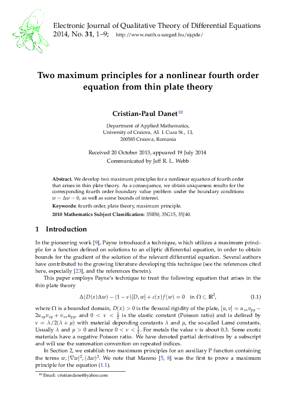 (PDF) Two maximum principles for a nonlinear fourth order equation from ...