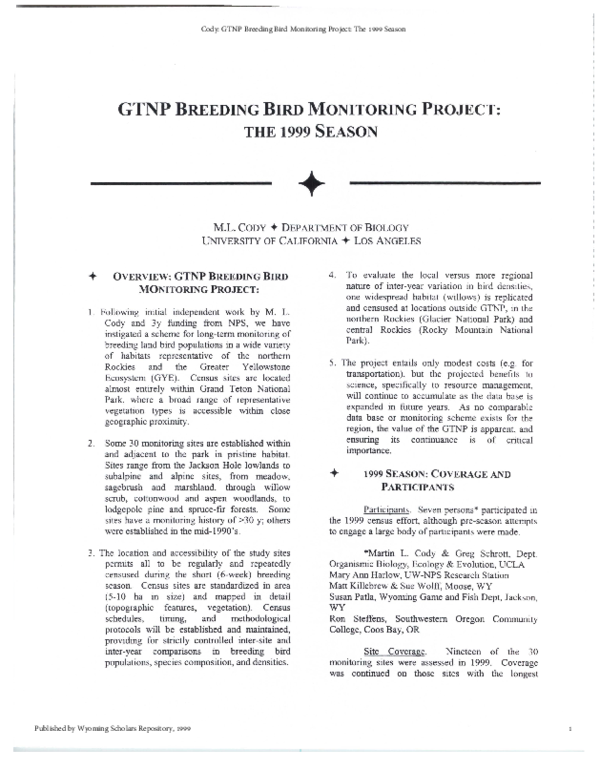(PDF) GTNP Breeding Bird Monitoring Project: The 1999 Season