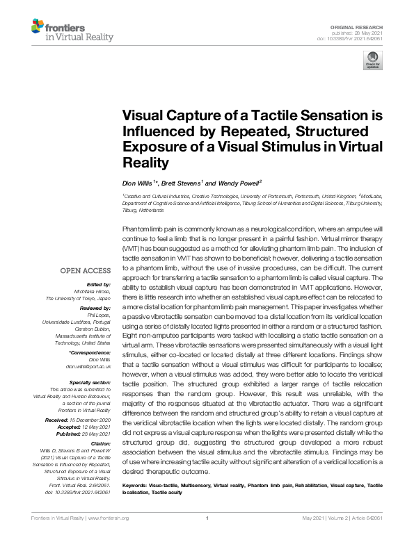 (PDF) Visual Capture of a Tactile Sensation is Influenced by Repeated, Structured Exposure of a ...