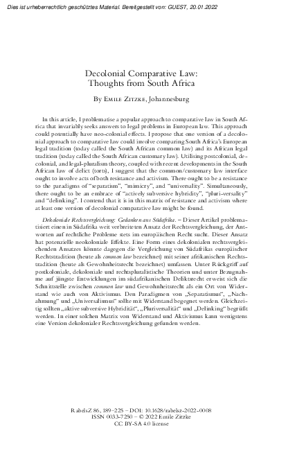 (PDF) Decolonial Comparative Law: Thoughts from South Africa