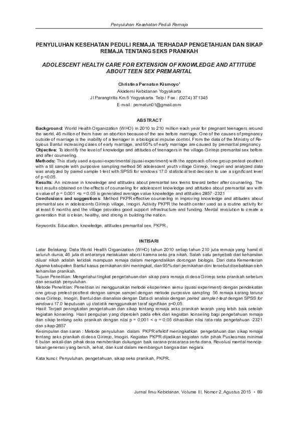 (PDF) Penyuluhan Kesehatan Peduli Remaja Terhadap Pengetahuan Dan Sikap Remaja Tentang Seks Pranikah