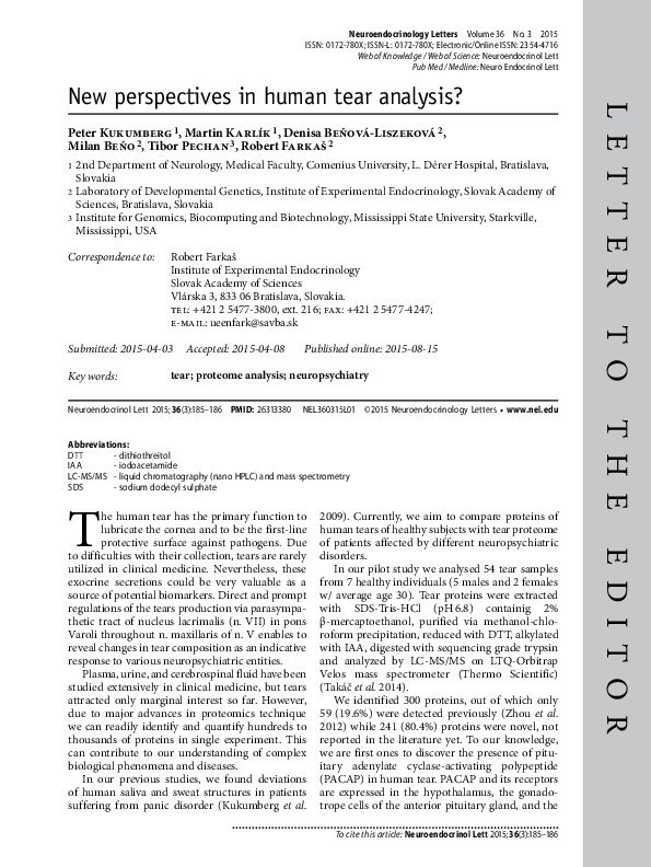 (PDF) New perspectives in human tear analysis?