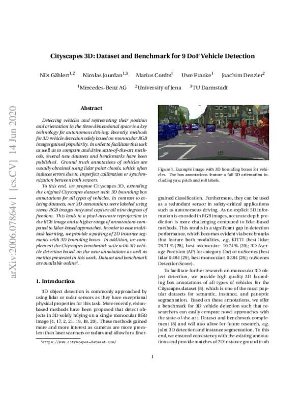 (PDF) Cityscapes 3D: Dataset and Benchmark for 9 DoF Vehicle Detection